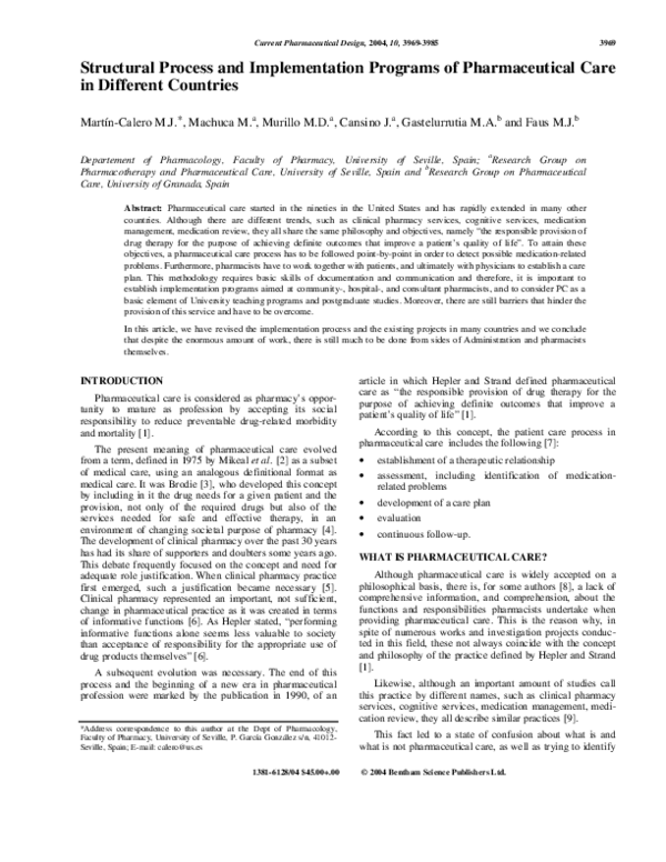 (PDF) Structural Process and Implementation Programs of Pharmaceutical Care in Different Countries