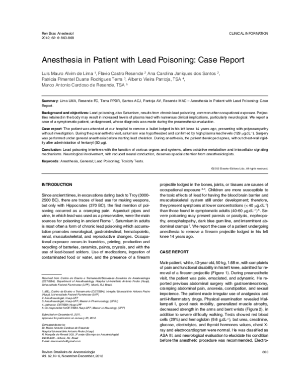 (PDF) Anesthesia in Patient with Lead Poisoning: Case Report