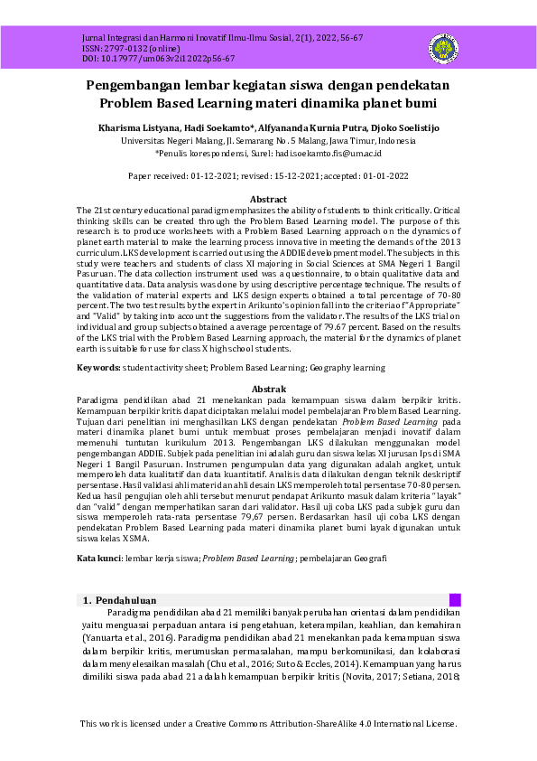 (PDF) Pengembangan lembar kegiatan siswa dengan pendekatan Problem Based Learning materi ...