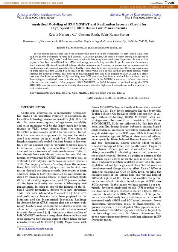 (PDF) Analytical Modeling of SON MOSFET and Realization Inverter ...