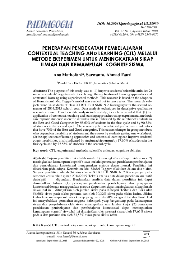 (PDF) Penerapan Pendekatan Pembelajaran Contextual Teaching and Learning (CTL) Melalui Metode ...