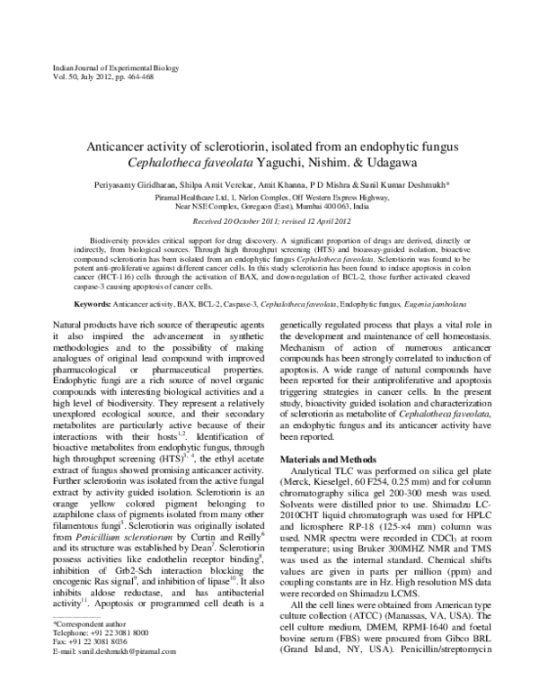 (PDF) Anticancer activity of sclerotiorin, isolated from an endophytic ...