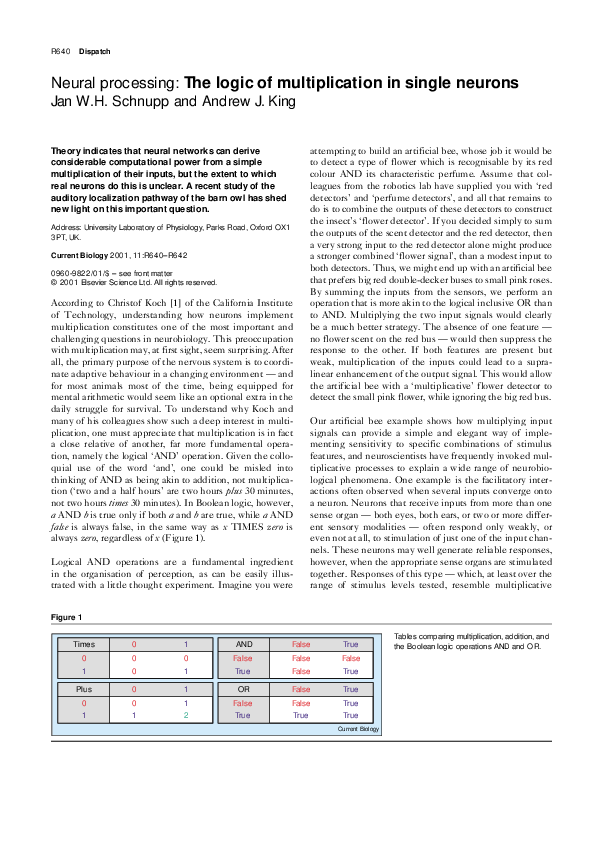 (PDF) Neural processing: The logic of multiplication in single neurons