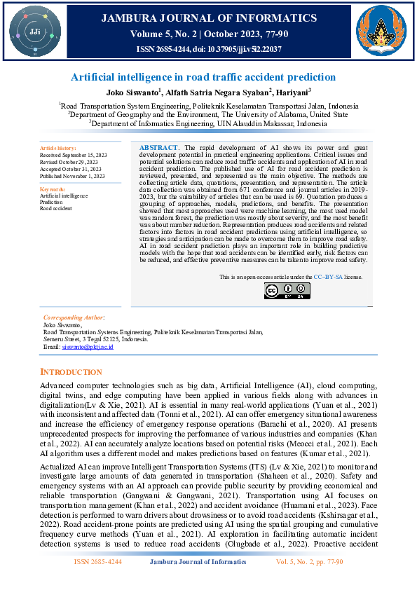 Pdf Artificial Intelligence In Road Traffic Accident Prediction