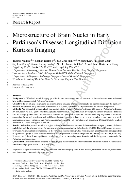 (PDF) Microstructure of Brain Nuclei in Early Parkinson’s Disease: Longitudinal Diffusion ...