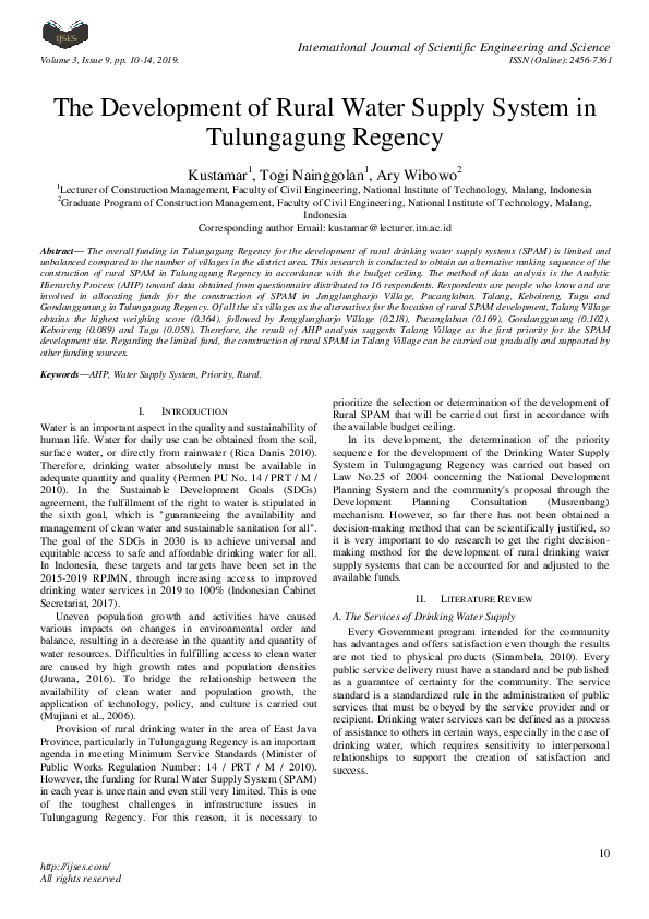 (PDF) The Development of Rural Water Supply System in Tulungagung Regency