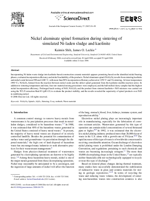 (PDF) Nickel aluminate spinel formation during sintering of simulated ...