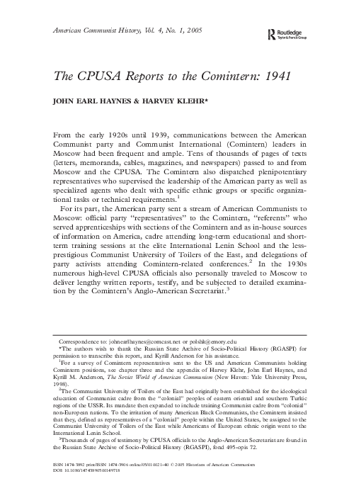 (PDF) The CPUSA reports to the comintern: 1941