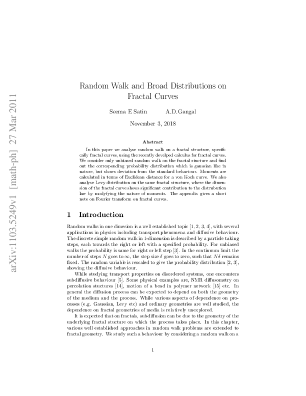 (PDF) Random walk and broad distributions on fractal curves | anil gangal - Academia.edu