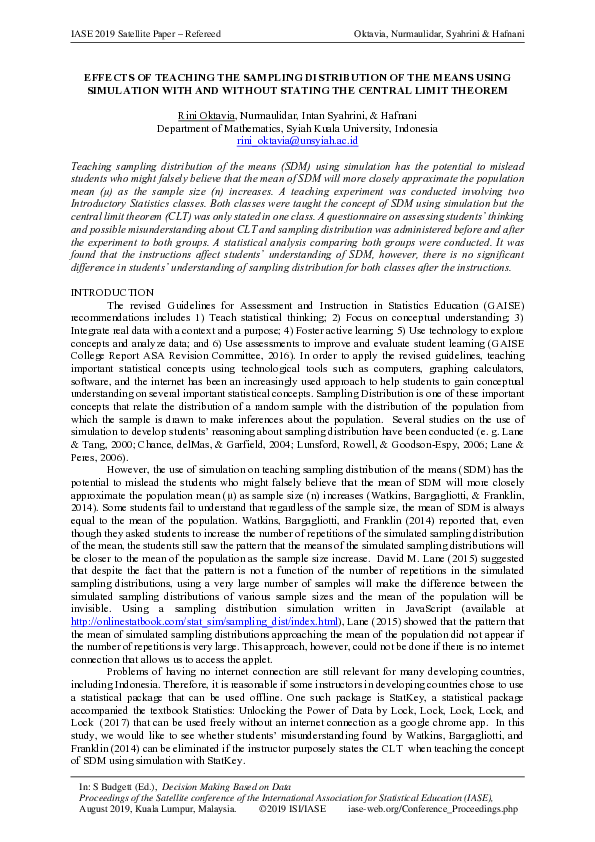 (PDF) Effects of teaching the sampling distribution of the means using ...