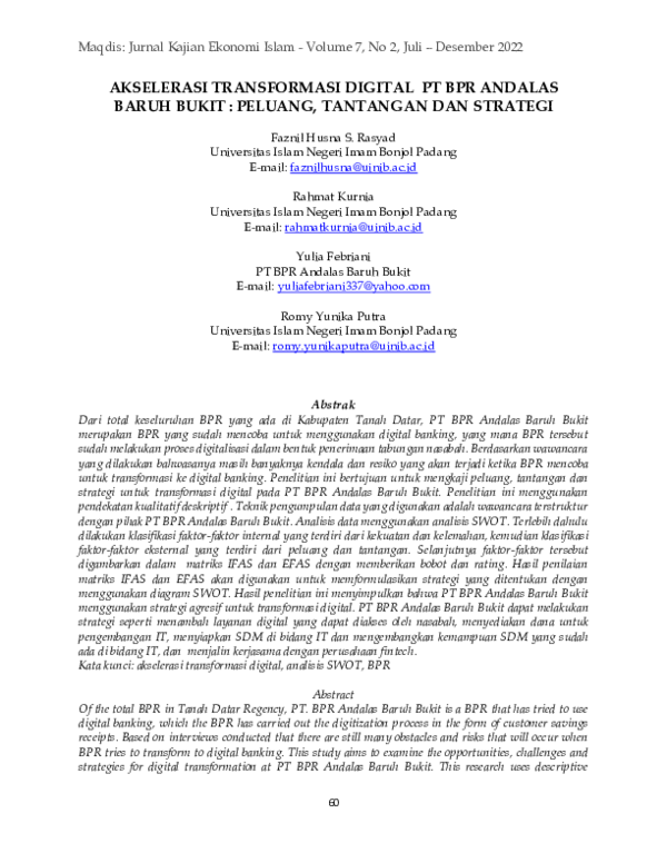 (PDF) Akselerasi Transformasi Digital PT BPR Andalas Baruh Bukit : Peluang, Tantangan Dan Strategi