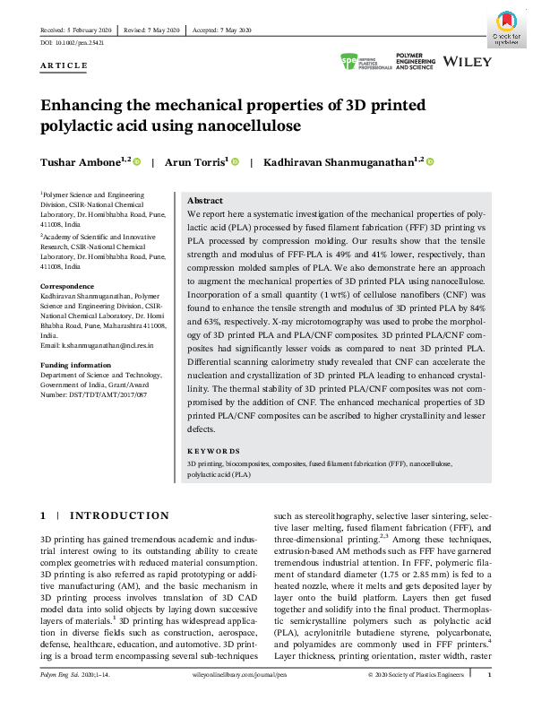 (PDF) Enhancing the mechanical properties of 3D printed polylactic acid using nanocellulose
