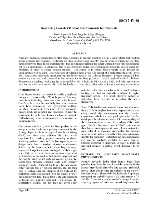 (PDF) Improving Launch Vibration Environments for CubeSats