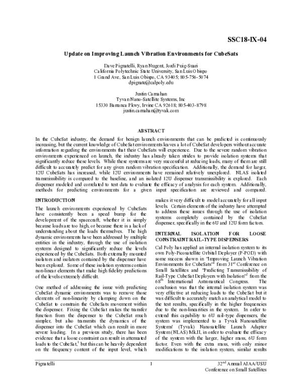 (PDF) Update on Improving Launch Vibration Environments for CubeSats