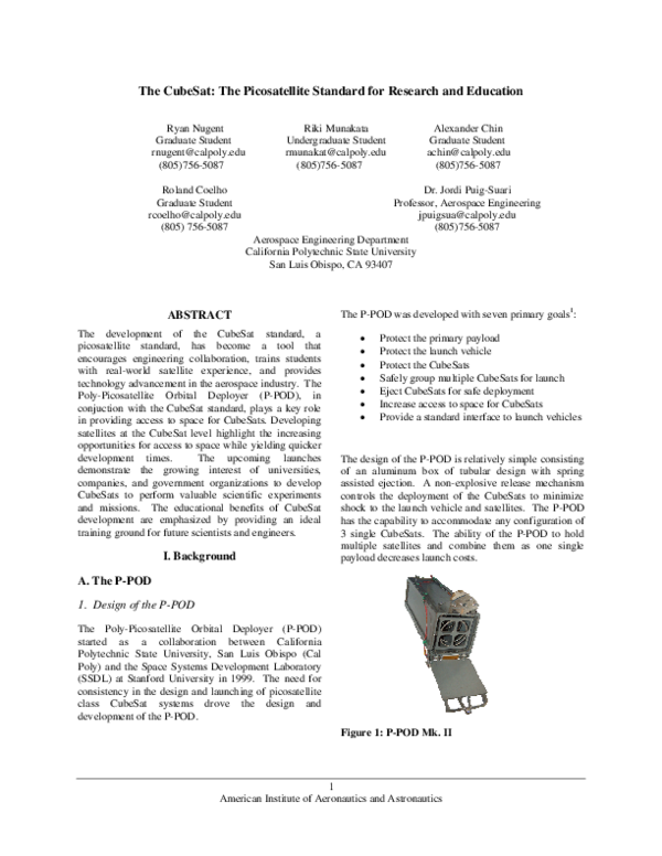 (PDF) CubeSat: The Pico-Satellite Standard for Research and Education