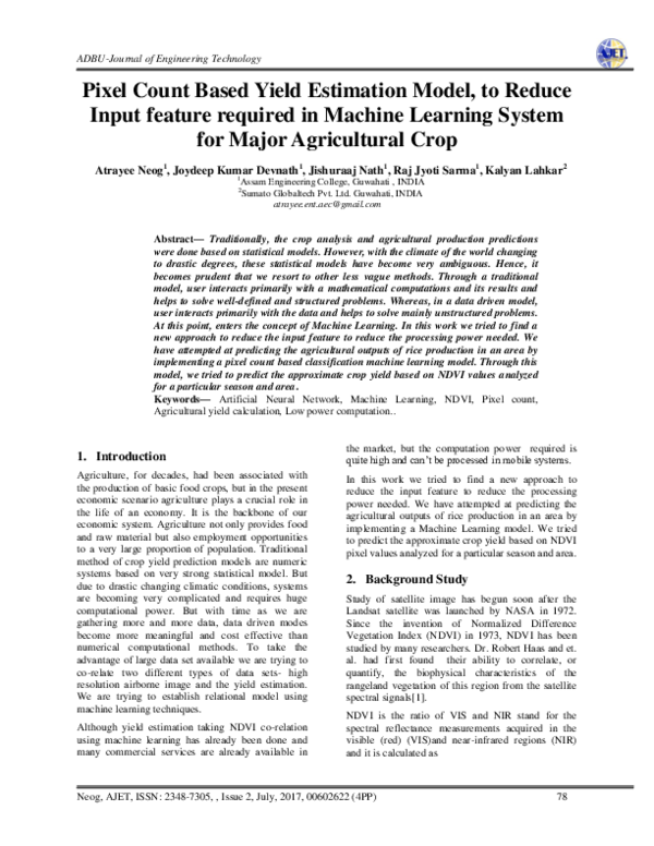 Pdf Pixel Count Based Yield Estimation Model To Reduce Input Feature