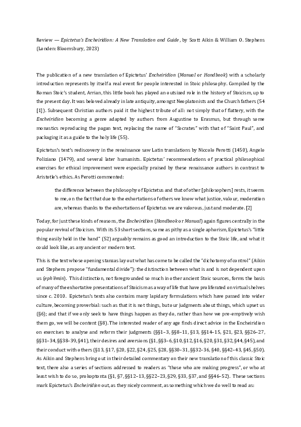 (PDF) Review of Epictetus's Encheiridion: A New Translation and Guide, by Scott Aikin & William ...