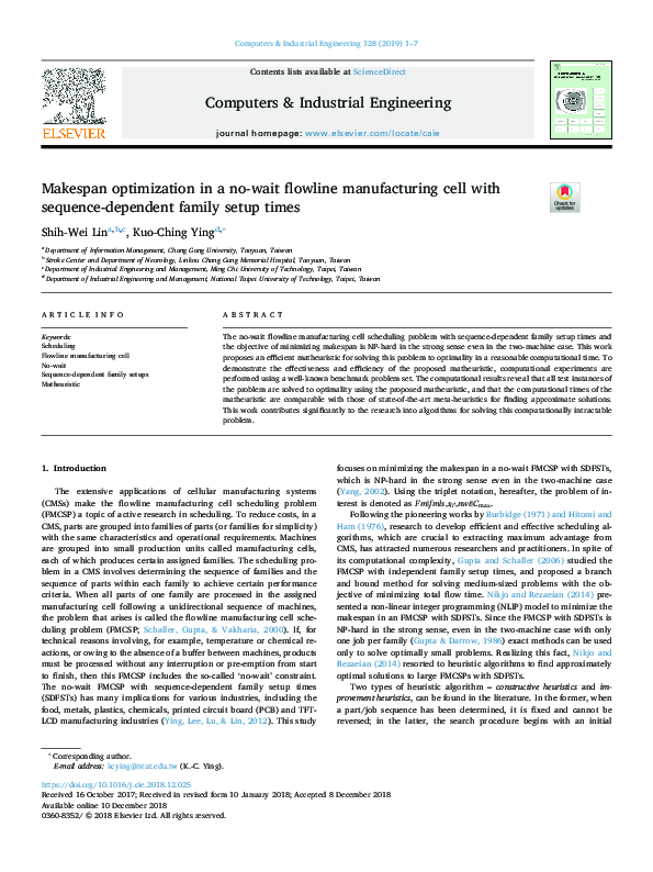 (PDF) Makespan optimization in a no-wait flowline manufacturing cell with sequence-dependent ...