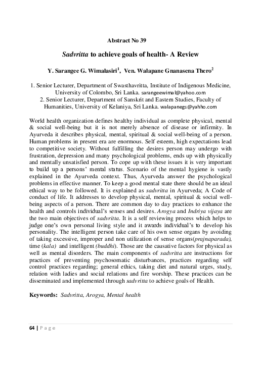 (PDF) Sadvritta to achieve goals of health- A Review