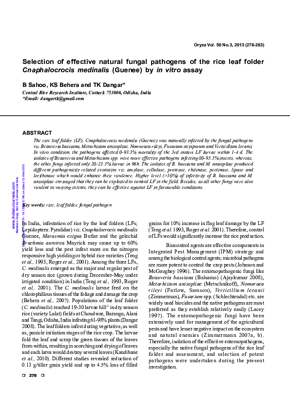 (PDF) Selection of effective natural fungal pathogens of the rice leaf ...