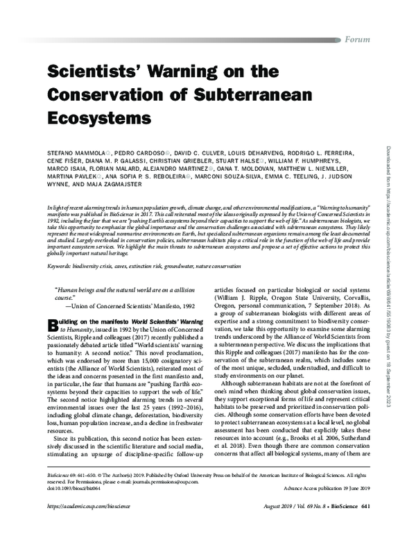 (PDF) Scientists' Warning on the Conservation of Subterranean Ecosystems