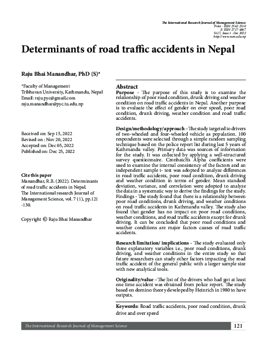 (PDF) Determinants of road traffic accidents in Nepal