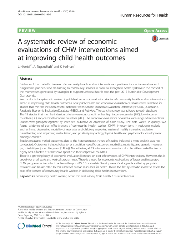(PDF) A systematic review of economic evaluations of CHW interventions aimed at improving child ...