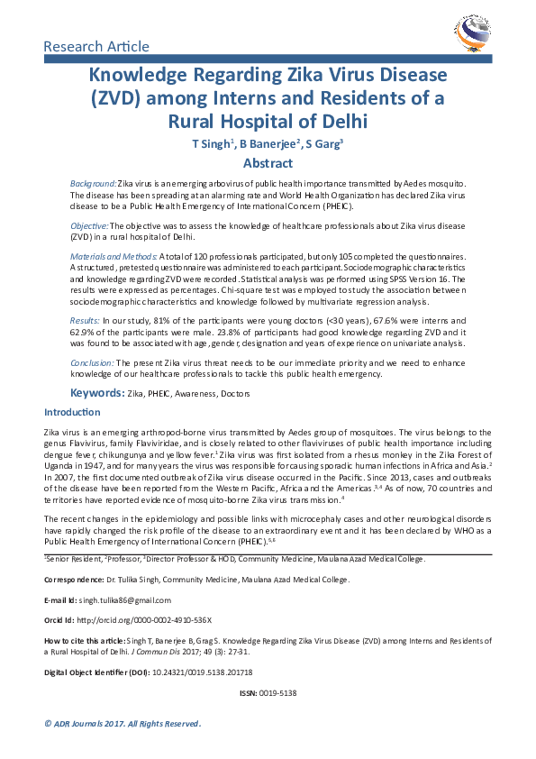 (PDF) Knowledge Regarding Zika Virus Disease (ZVD) among Interns and ...