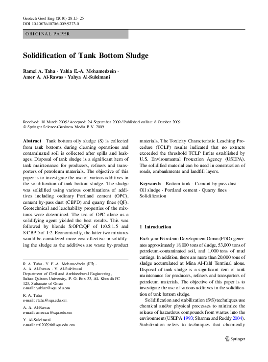 (PDF) Solidification of Tank Bottom Sludge