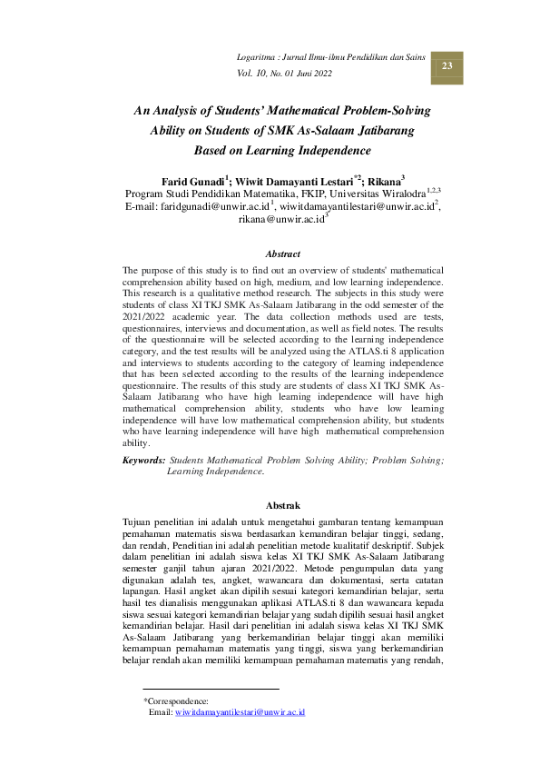(PDF) An Analysis of Students’ Mathematical Problem-Solving Ability on Students of SMK As-Salaam ...