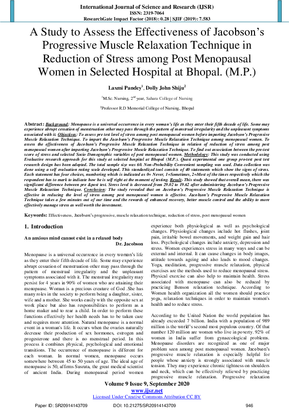 (PDF) A Study to Assess the Effectiveness of Jacobson’s Progressive Muscle Relaxation Technique ...