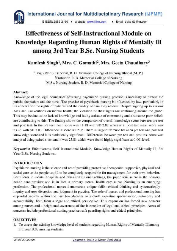 (PDF) Effectiveness of Self Instructional Module on Knowledge Regarding Human Rights of Mentally ...