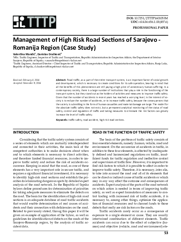(PDF) Management of High Risk Road Sections of Sarajevo - Romanija ...