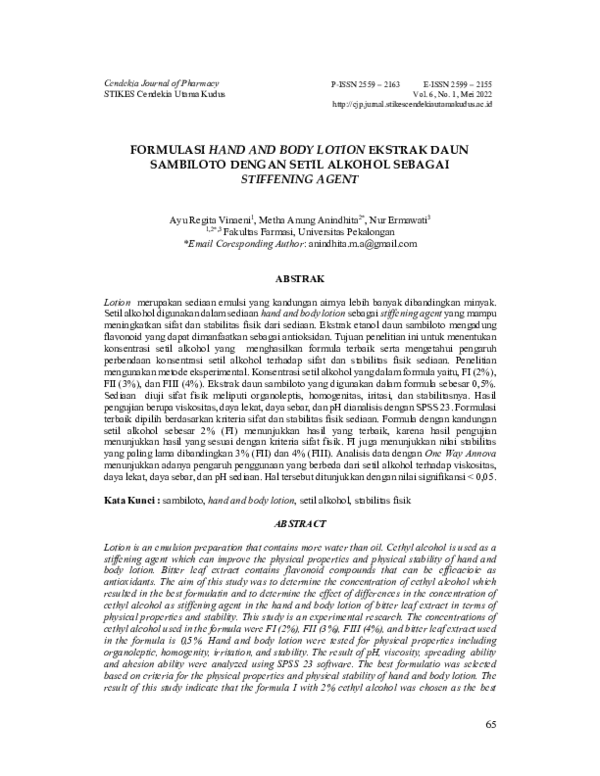 (PDF) Formulasi Hand and Body Lotion Ekstrak Daun Sambiloto Dengan ...