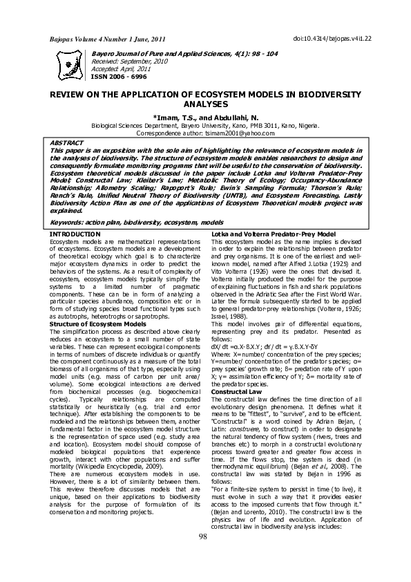 (PDF) Review on the Application of Ecosystem Models in Biodiversity ...