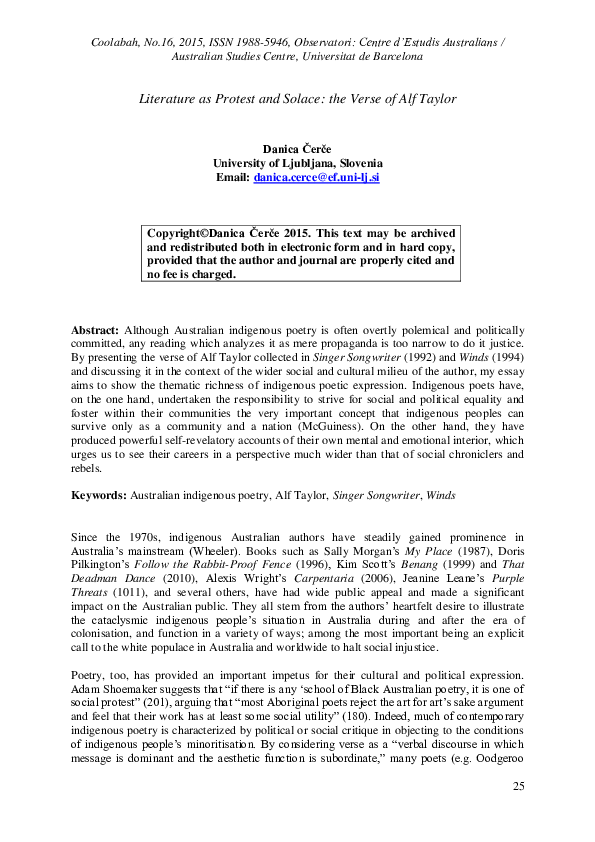 (PDF) Literature as Protest and Solace: the Verse of Alf Taylor