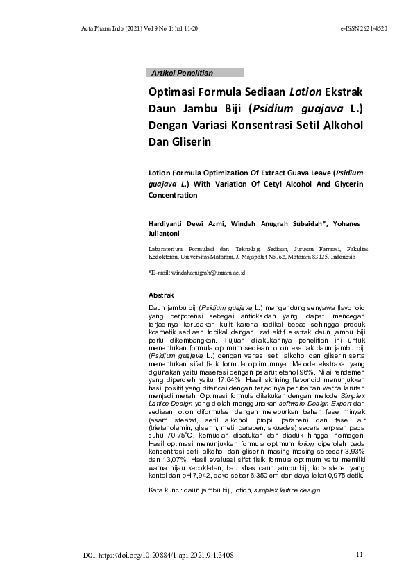 (PDF) Optimasi Formula Sediaan Lotion Ekstrak Daun Jambu Biji (Psidium guajava L.) Dengan ...