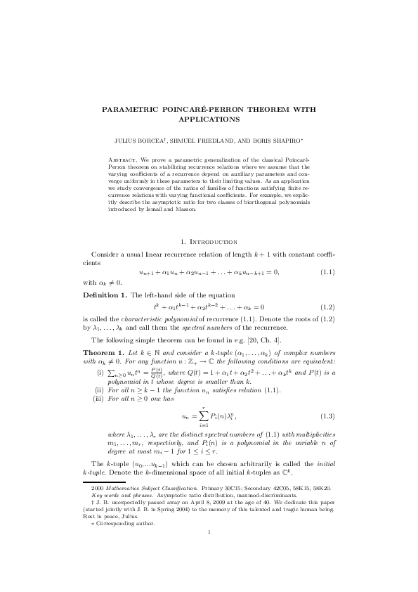 (PDF) Parametric Poincaré-Perron theorem with applications