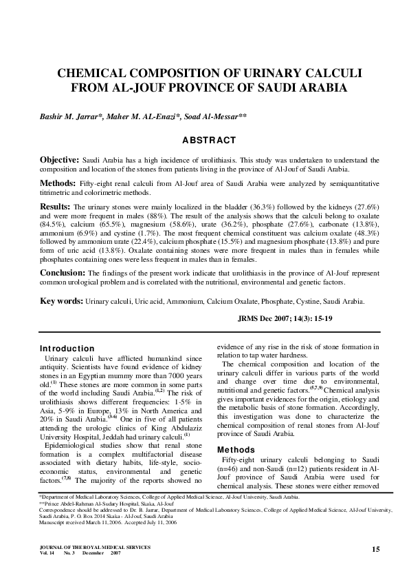 (PDF) Chemical Composition of Urinary Calculi from Al-Jouf Province of ...