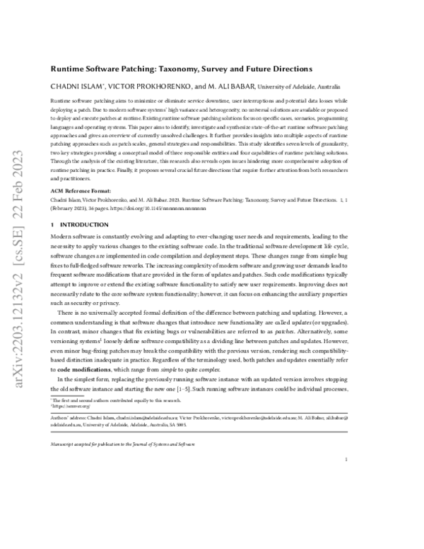 (PDF) Runtime Software Patching: Taxonomy, Survey and Future Directions