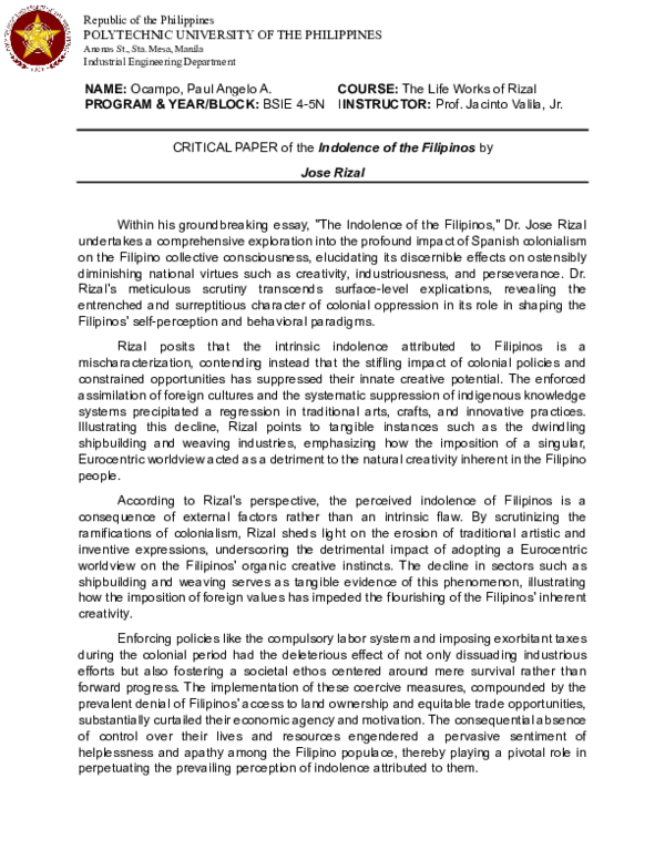 (PDF) Reflection Paper 2 - Indolence of the Filipino