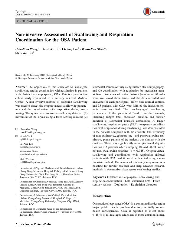 (PDF) Non-invasive Assessment of Swallowing and Respiration Coordination for the OSA Patient