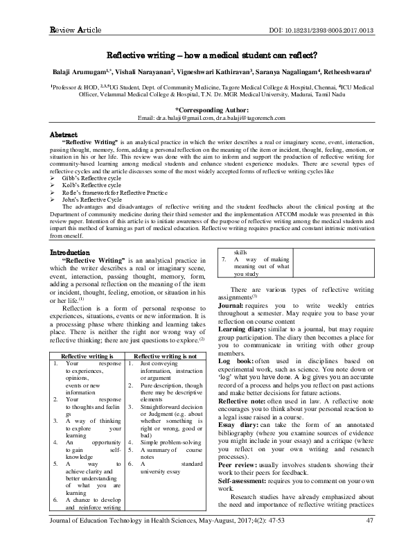 (PDF) Reflective writing – how a medical student can reflect?