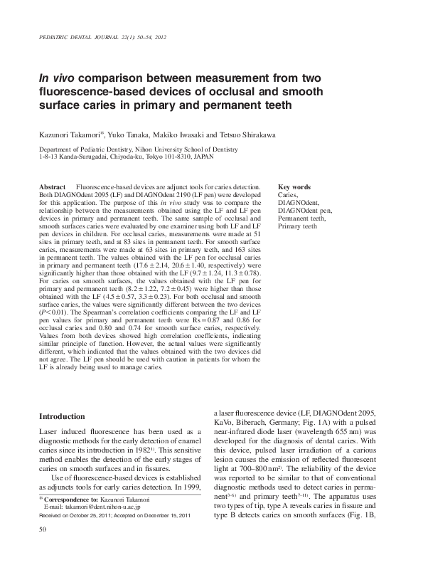 Pdf In Vivo Comparison Between Measurement From Two Fluorescence Based Devices Of Occlusal And