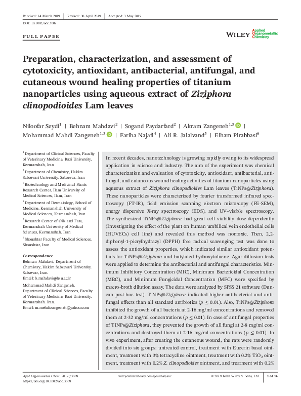 (PDF) Preparation, characterization, and assessment of cytotoxicity, antioxidant, antibacterial ...