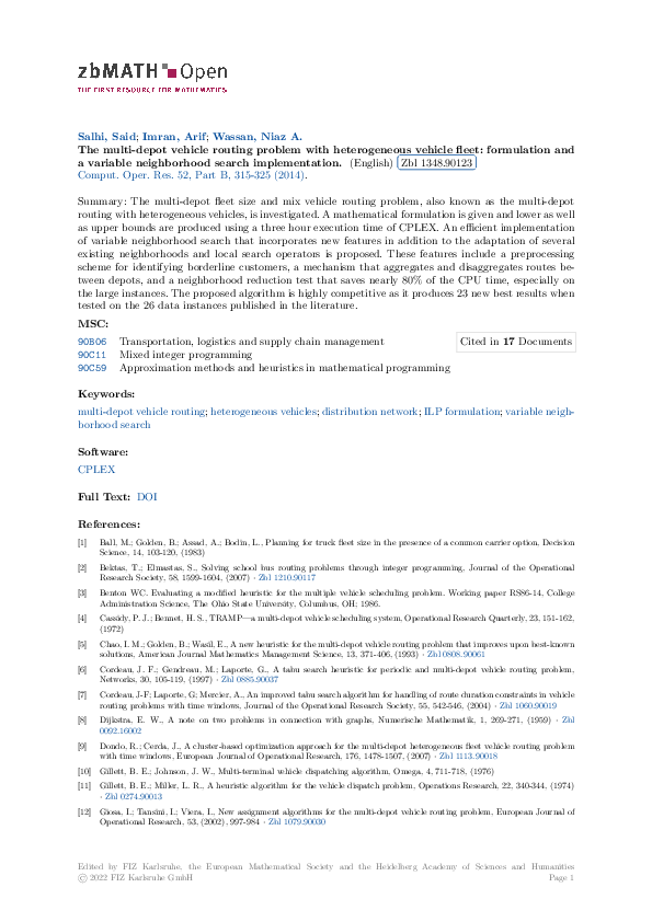 Pdf The Multi Depot Vehicle Routing Problem With Heterogeneous Vehicle Fleet Formulation And 9598