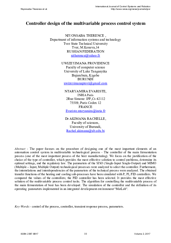 (PDF) Controller design of the multivariable process control system