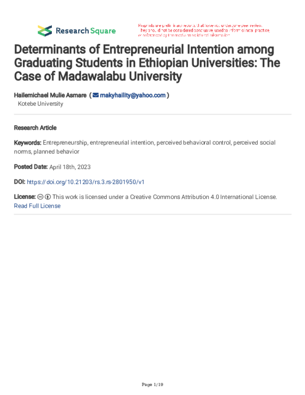 (PDF) Determinants of Entrepreneurial Intention among Graduating ...