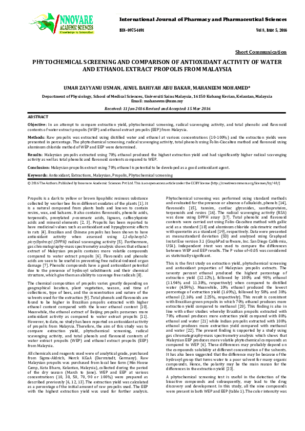 (PDF) PHYTOCHEMICAL SCREENING AND COMPARISON OF ANTIOXIDANT ACTIVITY OF WATER AND ETHANOL ...