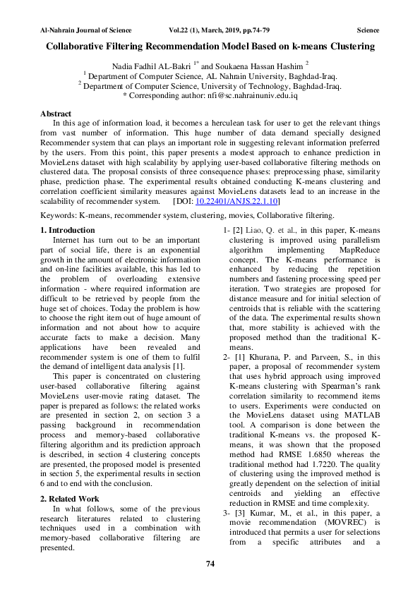 (PDF) Collaborative Filtering Recommendation Model Based on k-means ...